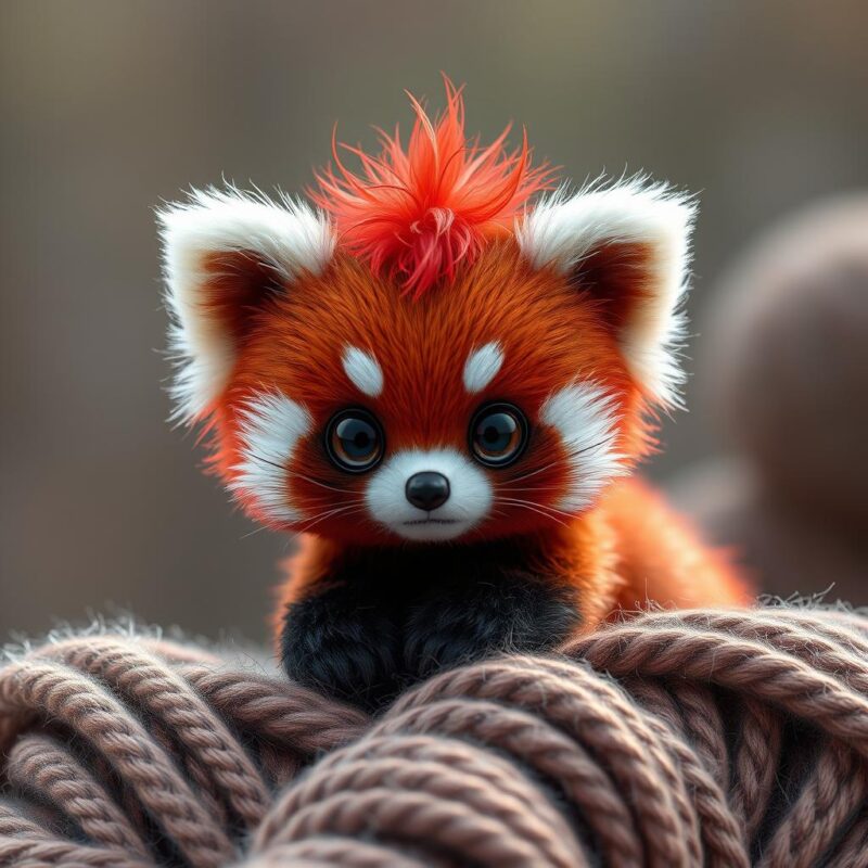 AI Images of Cute and fluffy Knitted Tiny Red Baby Panda