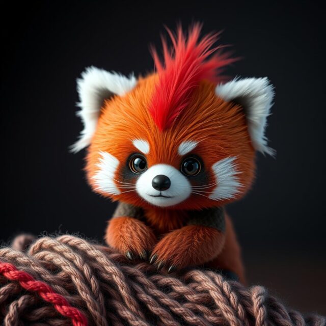 AI Images of Cute and fluffy Knitted Tiny Red Baby Panda