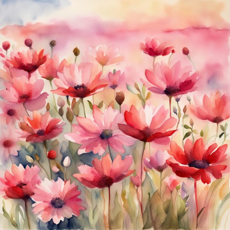 AI Image Prompt for Watercolor of a Field of Pink and Red Flowers